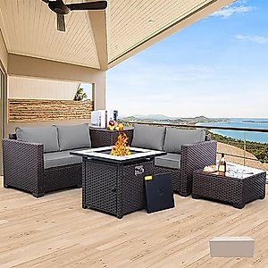 WAROOM 5 Pieces Patio Furniture Set PE Wicker Outdoor Brown Rattan Sectional Sofa Loveseat Couch Conversation Chair with Storage Bin Coffee Table and Propane Fire Pit, Anti-Slip Grey Cushion