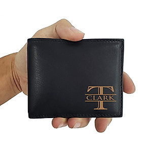 Corner Monogram Initial Engraved Personalized One Black Wallet Personalized Men's Bifold Leather RFID Blocking Wallet for Groomsman Best Man Wedding Party Gift