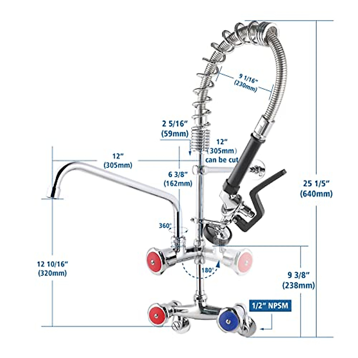 MaxSen Commercial Sink Faucet with Sprayer 25" Height Pre-Rinse Faucet 4" to 8" Adjustable Center Wall Mount Kitchen Faucet Restaurant Compartment Sink Faucet with 12” Swivel Spout Chrome