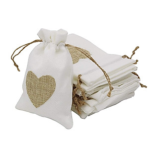30 Pcs Burlap Gift Bags, 4x6 Inches Jewelry Bags Drawstring with Heart Small Goodie Bags Hessian Jute Pouches for Wedding Party Favors Valentine Baby Shower Christmas (white)
