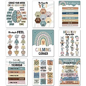 Pasimy 9 Pieces Mental Health Posters Rainbow Therapy Motivational Poster School Counselor Inspirational Posters Boho Positive Psychology Poster for Home School Counseling Office Classroom Decor