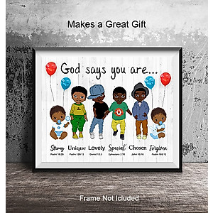 God Says You Are Wall Art - Religious Gifts - African American Boys Room Decor - Spiritual Christian Gifts - Inspirational Bible Verses - Scripture Home Decor- God Wall Art - Black Boys Bedroom Decor
