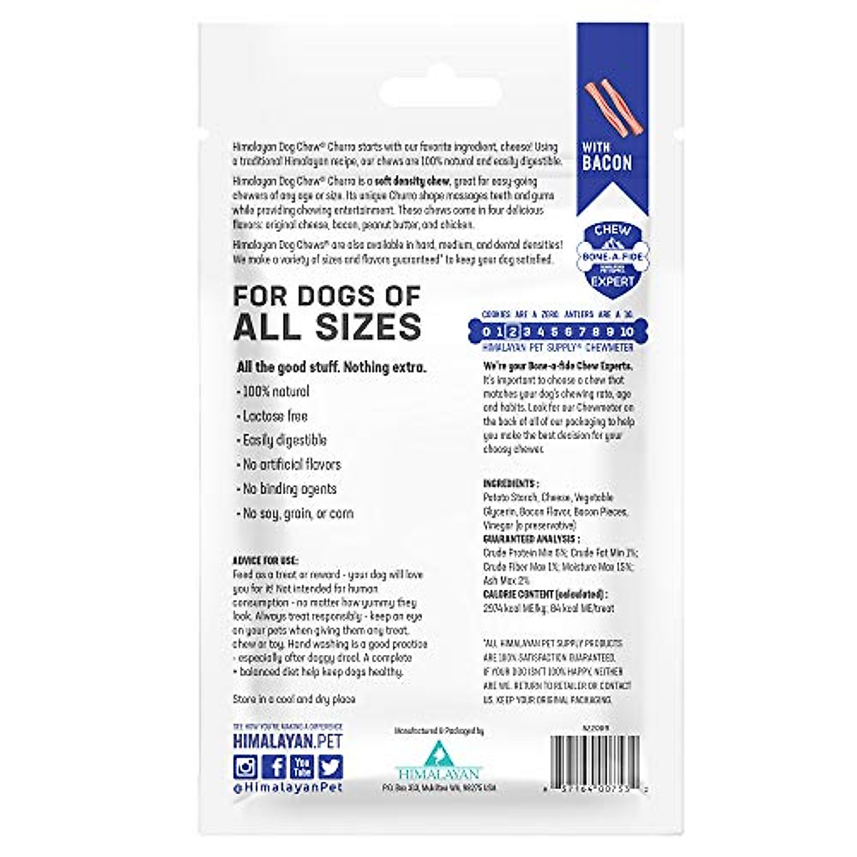 Himalayan Dog Chew Churro Yak Cheese Dog Chews, 100% Natural, Long Lasting, Gluten Free, Healthy & Safe Dog Treats, Lactose & Grain Free, Protein Rich, For All Breeds, Soft, Real Bacon Flavor, 4 oz