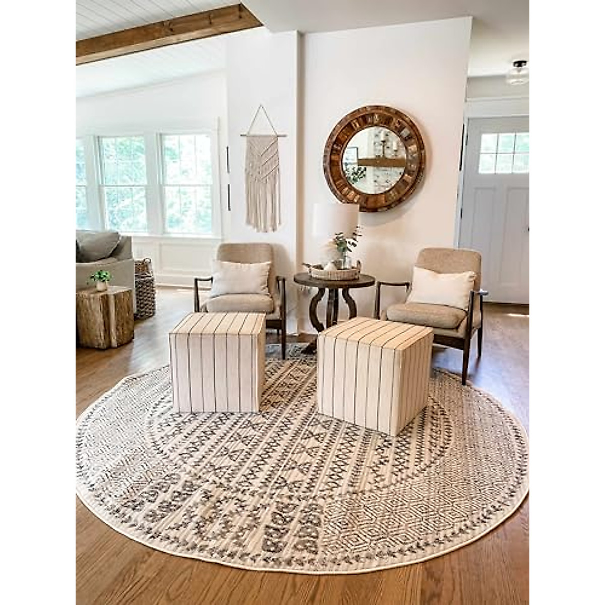 BoutiqueRugs Greig Farmhouse Moroccan Geometric Area Rug - Boho Aztec Tribal Carpet for Living Room - Black, Charcoal, Light Gray - 7'10" Round Rug