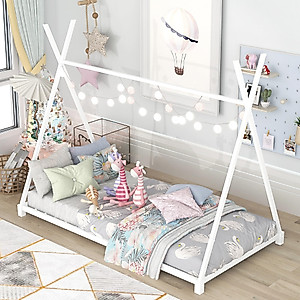 Montessori Floor Bed Frame Twin Size, Twin Floor Bed with Slats and Triangle Structure, Kids House Floor Bed/Montessori Bed for Kids, Girls, Boys, Twin Floor Bed White