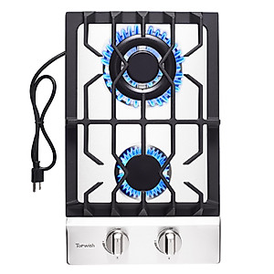 TOPWISH 2 Burner Propane Gas Cooktop, 12" Inch LPG/NG Built-in Gas Stove Top with 2 ITALY SABAF Sealed Burners 18,000BTU, Stainless Steel, RV Stove Top with Thermocouple Protect, Apartment, Outdoor