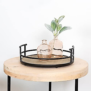 Stratton Home Decor Metal and Wood Tray - Farmhouse Round Tabletop Tray for Table Decoration - Rustic Ornament for Coffee Tables, Credenza, Countertop - Black Handles, Matt Surface - Housewarming Gift