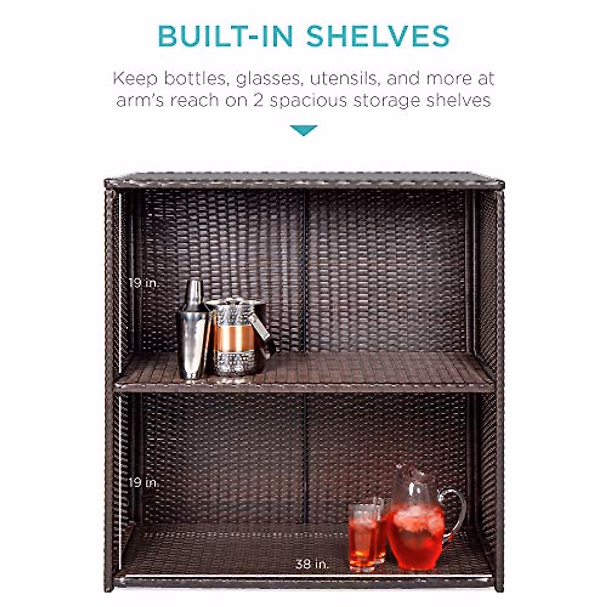 Best Choice Products 3-Piece All-Weather Wicker Bar Table Set for Indoor Outdoor, Kitchen, Patio, Backyard w/ 2 Stools, Glass Tabletop, Storage Shelves - Brown