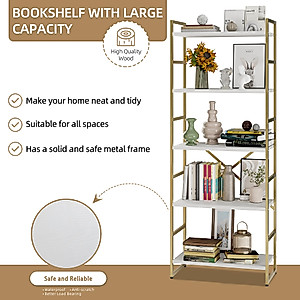 Vongrasig 5 Tier Bookshelf, Modern Tall Bookcase, Industrial Book Shelves Display Standing Shelf, Free Standing Storage Organizer for Bedroom, Living Room, White+Gold