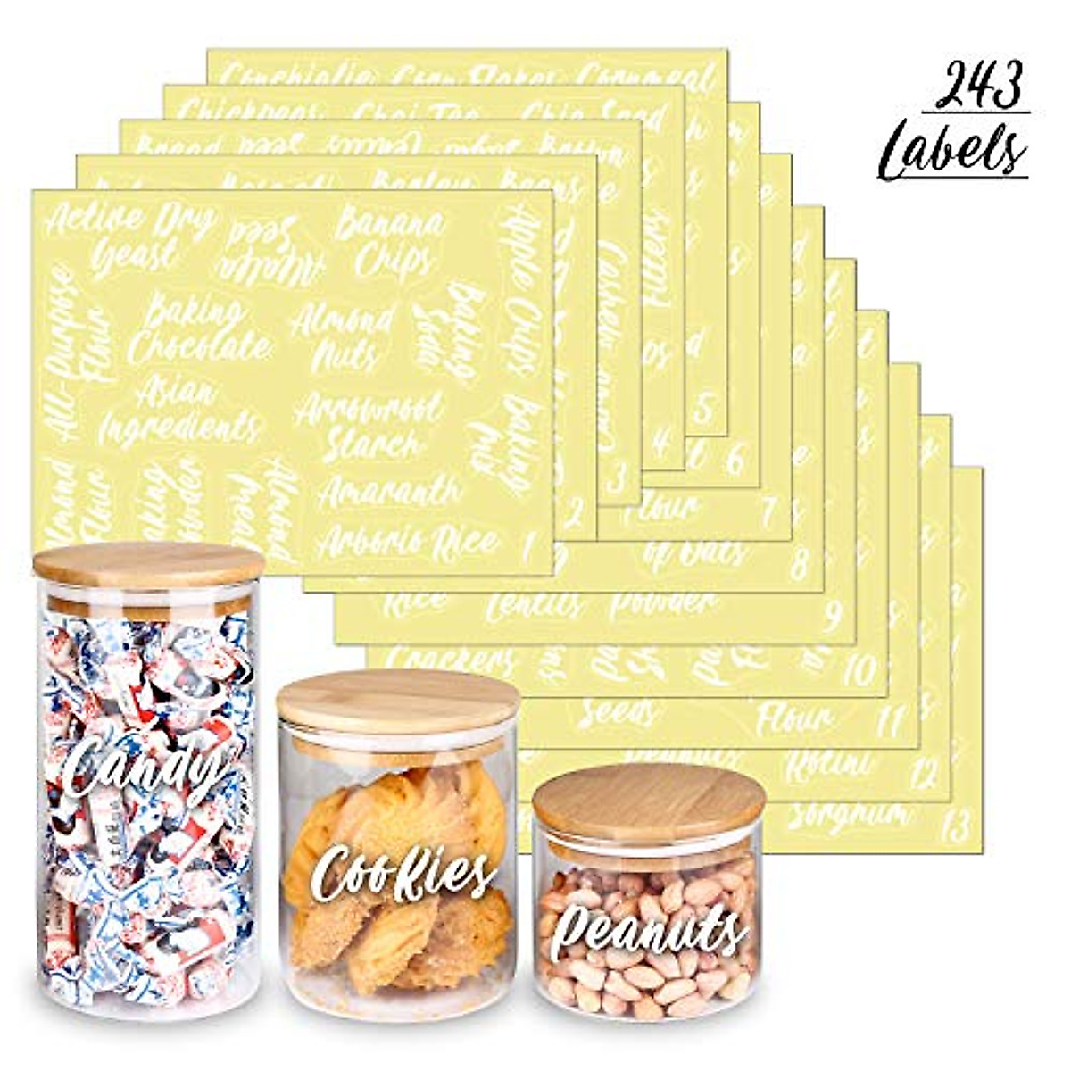 SWOMMOLY 243 White Cursive Pantry Labels for Food Containers, Water Resistant Pantry Kitchen Labels Stickers, Organization Labels for Storage Containers, Jars, Canisters