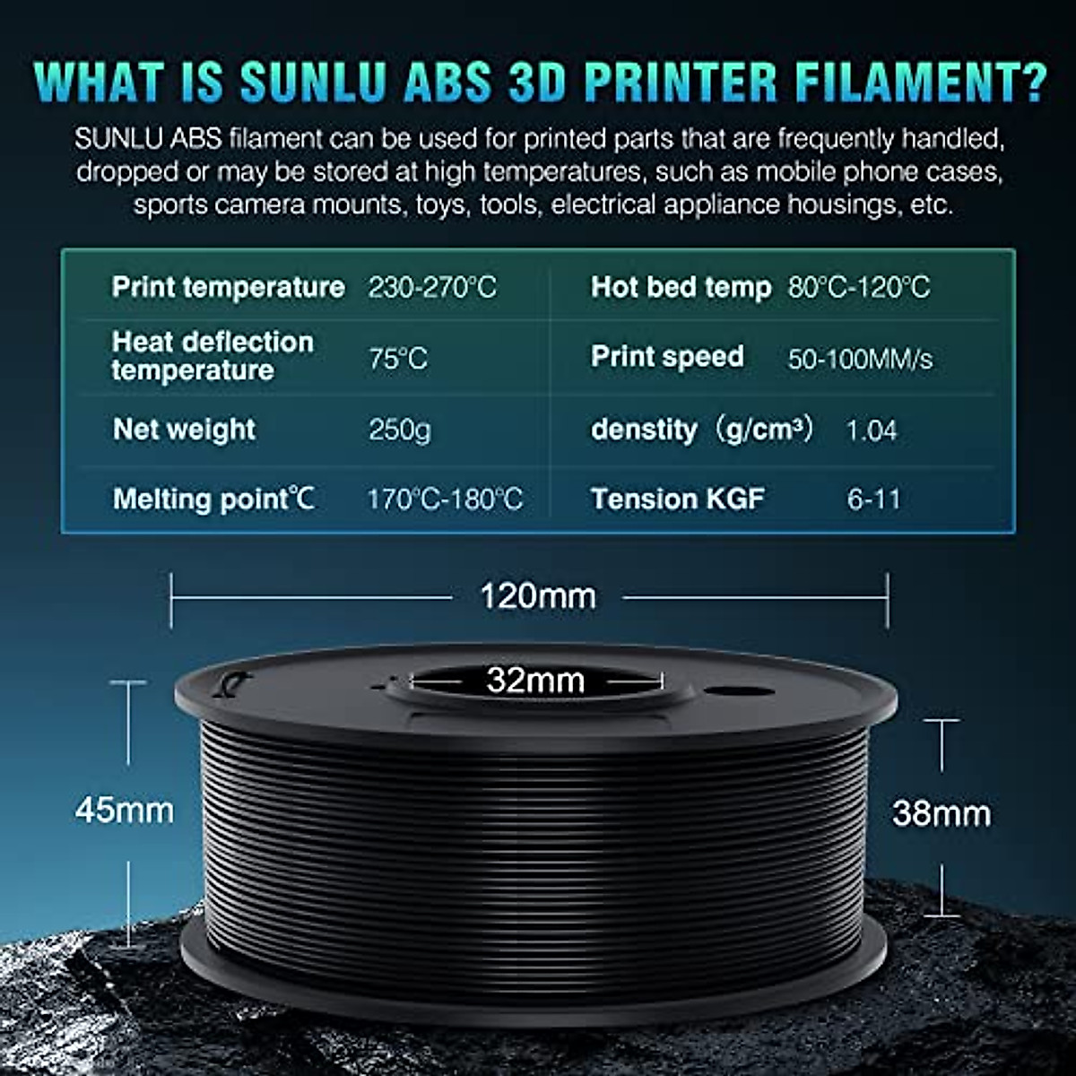 SUNLU 250g ABS Filament 1.75mm Bundle and PLA Meta 3D Printer Filament Black, Dimensional Accuracy +/- 0.02 mm, 0.25 kg Spool, 8 Rolls, Black+White+Grey+Blue+Yellow+Green+Red+Orange