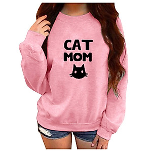 Sweatshirts for Women, FAPIZI Women Fashion Letter Cat Printed Crew Neck Pullover Casual Long Sleeve Solid Color Tops
