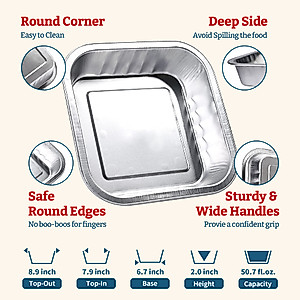 8 Inch Square Baking Pans (15 Pack) | Disposable Aluminum Foil Pans | 3X Thicker Tin Food Containers for Oven, Freezer | Reusable Trays for Cooking | Deep Bakeware for Casserole, Lasagna, Cake, Pie