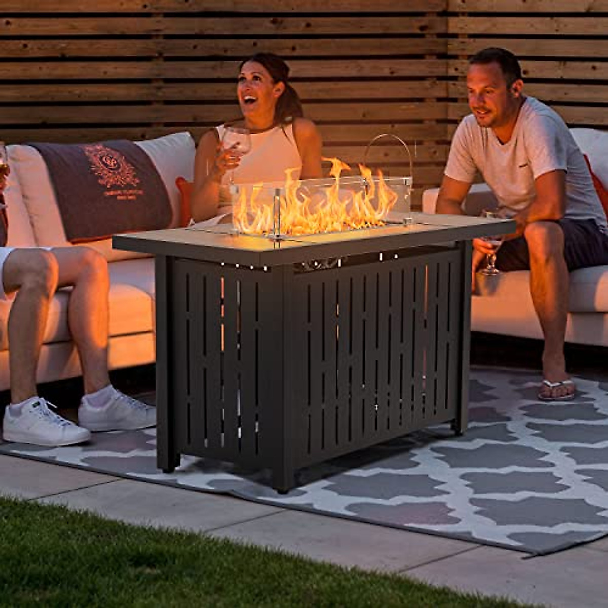 Greesum 43 Inch Outdoor Gas Fire Pit Table, 50,000 BTU Steel Propane Firepit with Wind Guard and Blue Glass Rock, Add Warmth and Ambience to Parties On Patio Garden Backyard, Black
