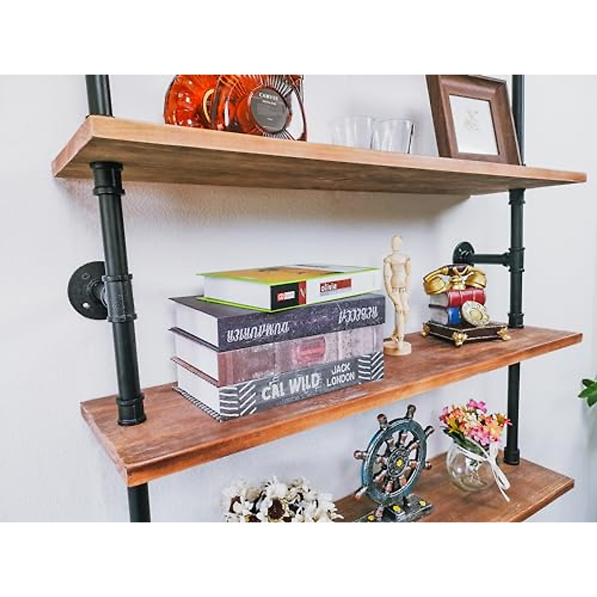 Anynice 6 Tier Industrial Ladder Pipe Shelf Bookcase, Rustic Wall Mounted Pipe Bookshelves for Decor and Storage