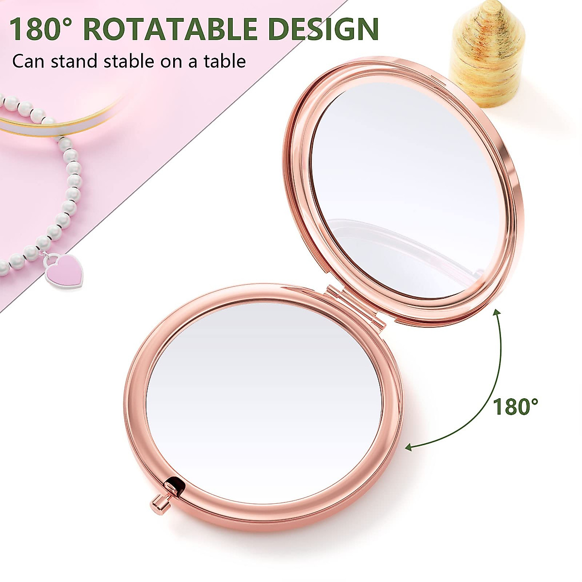 Nipichsha Compact Mirror, Pocket Travel Makeup Mirror, 2-Sided 2X/1X Magnification Compact Mirror, Small Folding Portable Handheld Mirror for Purses, Gift for Mom Women, 2.75In Rose Gold(Pink Marble)
