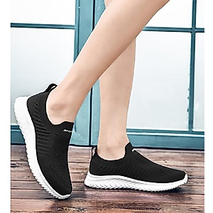 inupon Womens Slip On Knit Sneaker No Tie Sock Walking Shoes Casual Work Shoes (9, Black)