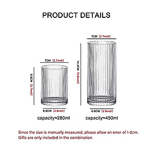 INSETLAN Glass Cups Vintage Glassware Set of 4 Large, Origami Style Transparent Cocktail Glasses Set, Bar Beverages Ice Coffee Cup Juice Ripple Drinkware, 450ml (L)