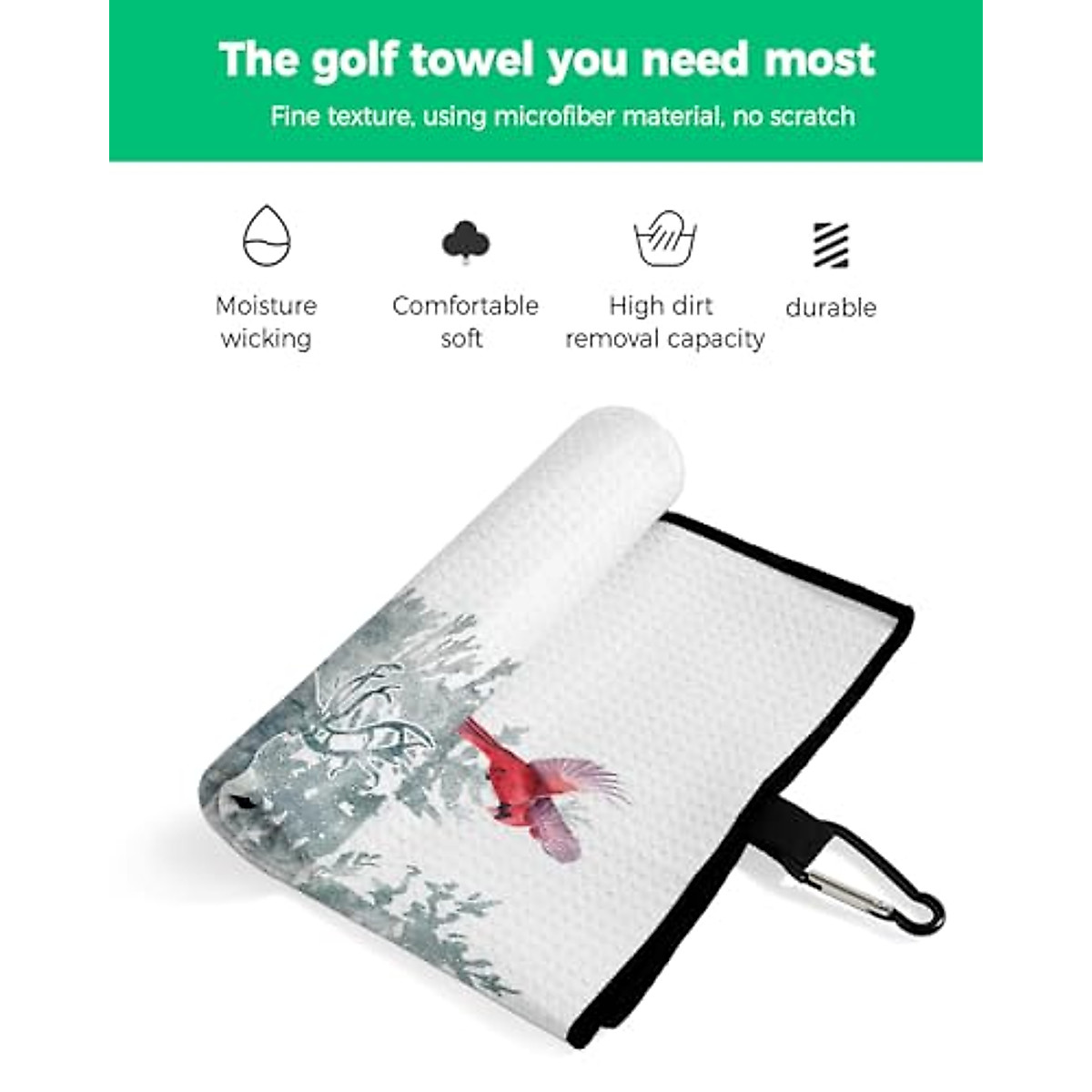 Golf Towel Christmas Reindeer Cardinal Cedar,Waffle Pattern Microfiber Club Cleaner Golf Towels with Carabiner Clip for Women Men Dad,Xmas Animal Plant Silhouette Golf Towel for Golf Bags,24x16in