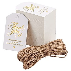 GLOBLELAND 200 Pcs Thank You Gift Tags Gold Foil Paper Gift Tags with 65.6ft Natural Jute Twine for Wedding Favors, Party Decor