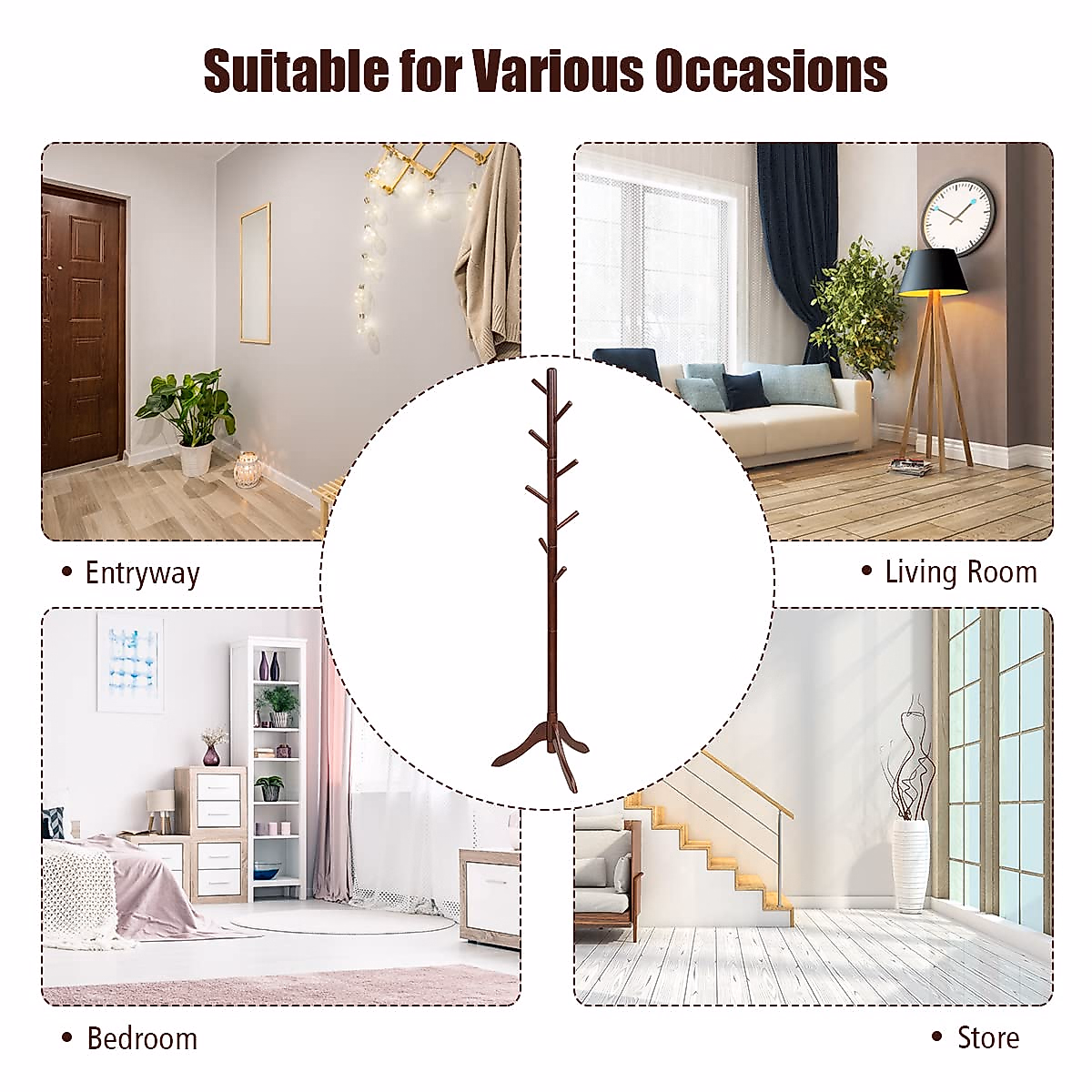 GOFLAME Coat Rack Freestanding, Wooden Entryway Coat Tree Hanger with 8 Hooks and 4 Sections, Height Adjustable Coat Stand for Home Office Hallway Entryway (Brown)