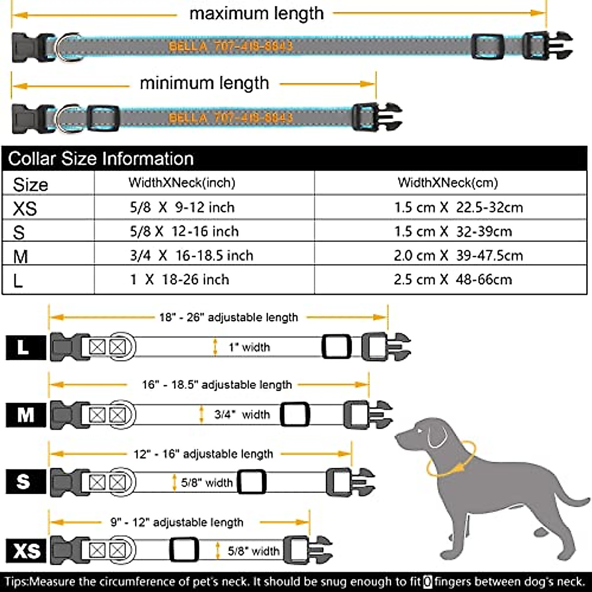 Reflective Personalized Dog Collar - Custom Embroidered Dog Collars with Pet Name and Phone Number for Boy and Girl Dogs, 4 Adjustable Sizes, XSmall,Small, Medium and Large