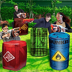 BUNKR BattleZones Battle Royale Inflatable Bunker Fort - 4 Piece Barricade Shield Set Crates and Barrels - Perfect for NERF Party