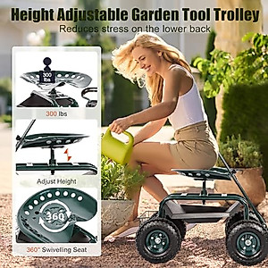 Kinsuite Rolling Utility Garden Cart Patio Wagon with Adjustable 360 Degree Swivel Seat Heavy Duty Steel Frame