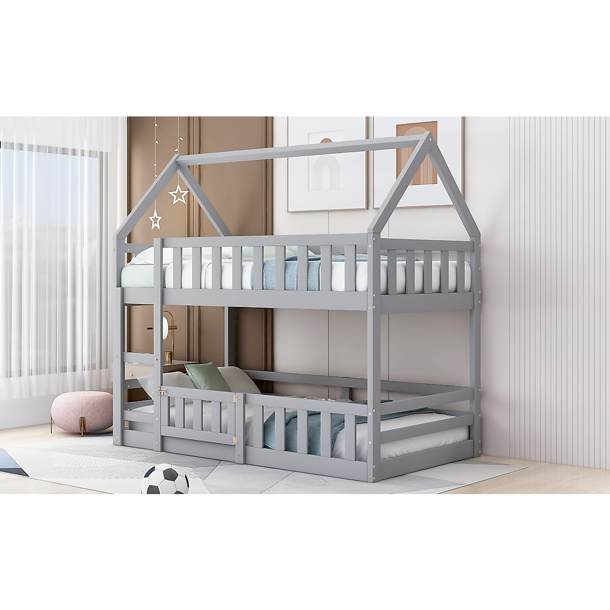 Harper & Bright Designs Twin Over Twin House Bunk Bed Frame for Boys Girls Kids Adults Toddler with Fence and Door, Gray