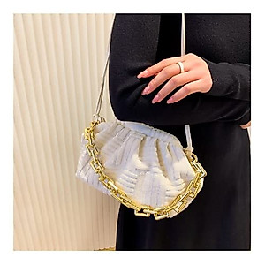 HDHTB Dumpling handbag cloud shape shoulder bag casual clutch purse pouch with chunky chain Jacquard velvet crossbody dupe (white)