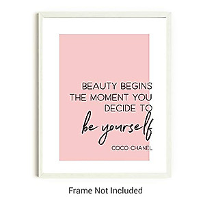 Coco Chanel Inspirational “Beauty Begins” Typography Word Wall Art - 11x14 UNFRAMED Pink, Black & White Print - Makes a Great Gift for Lovers of Minimalist, Fashion, Motivational Decor.