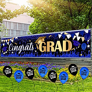 2023 Graduation Banner Decoration Set, Large Congrats Grad Banner with 8 Pieces Balloons Blue and Gold Class of 2023 Yard Sign for High School College Graduation Party Outdoor Hanging Decorations(blue)