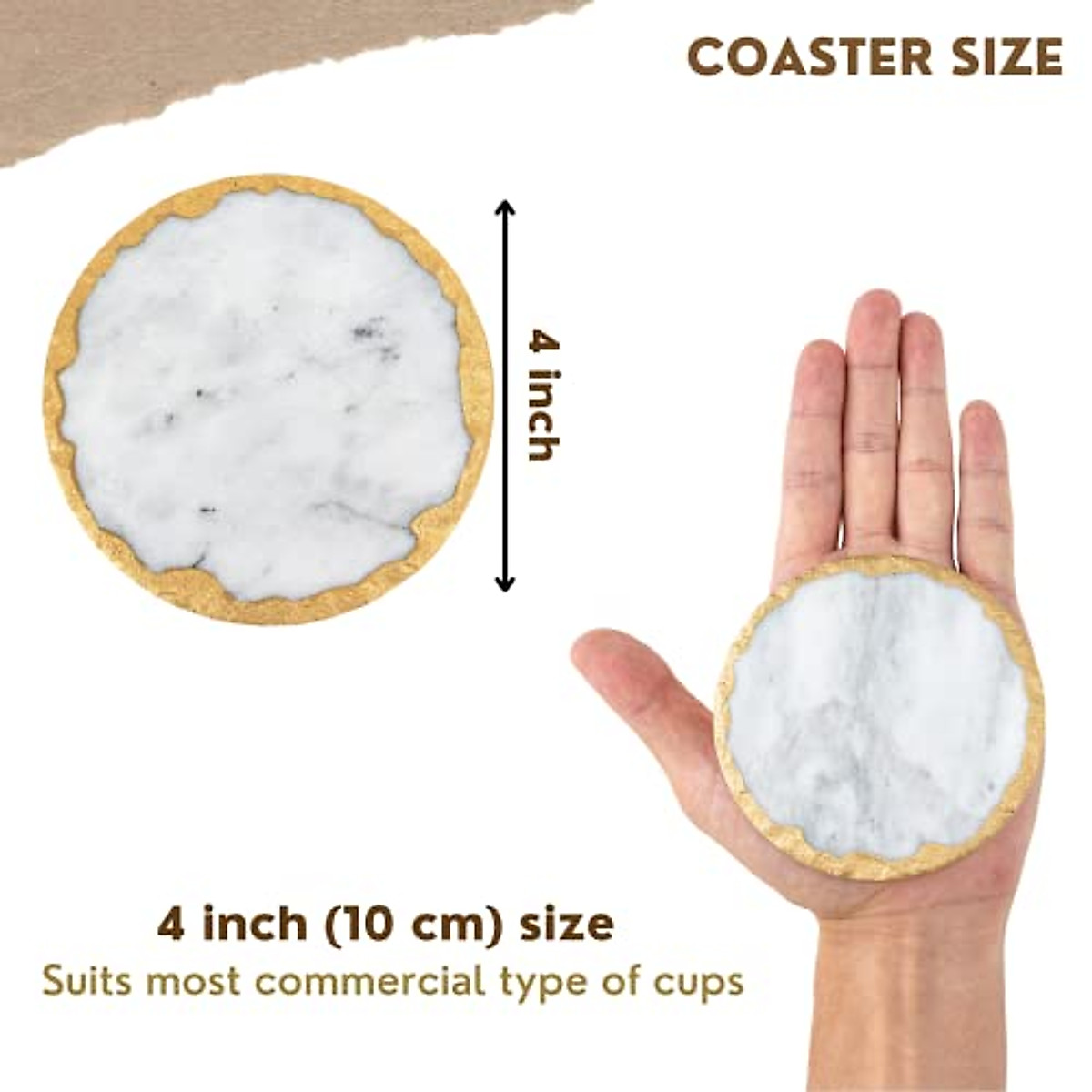 Dear Casa Gold Edge Coasters for Coffee Table (Round) —Set of 6— Handcrafted Real Solid White Marble Coasters— Perfect as Drink Coasters Housewarming Gift — Modern Coasters for Drinks (Round)