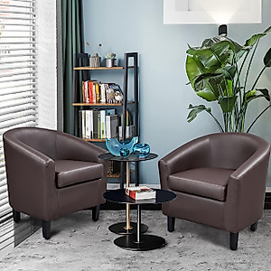 Yaheetech PU Leather Accent Chairs, Modern Barrel Chairs Side Chairs, Comfy Club Chairs with Soft Padded, 2 Chairs for Living Room/Bedroom/Reading Room, Espresso, Set of 2