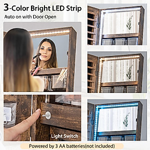 CHARMAID LED Strip Jewelry Armoire with Full Length Mirror, Lockable Jewelry Cabinet Organizer with 3-Color Lights, 3 Brush Boxes, 2 Drawers, Bottom Storage Shelf, Metal Frame (Rustic Brown)