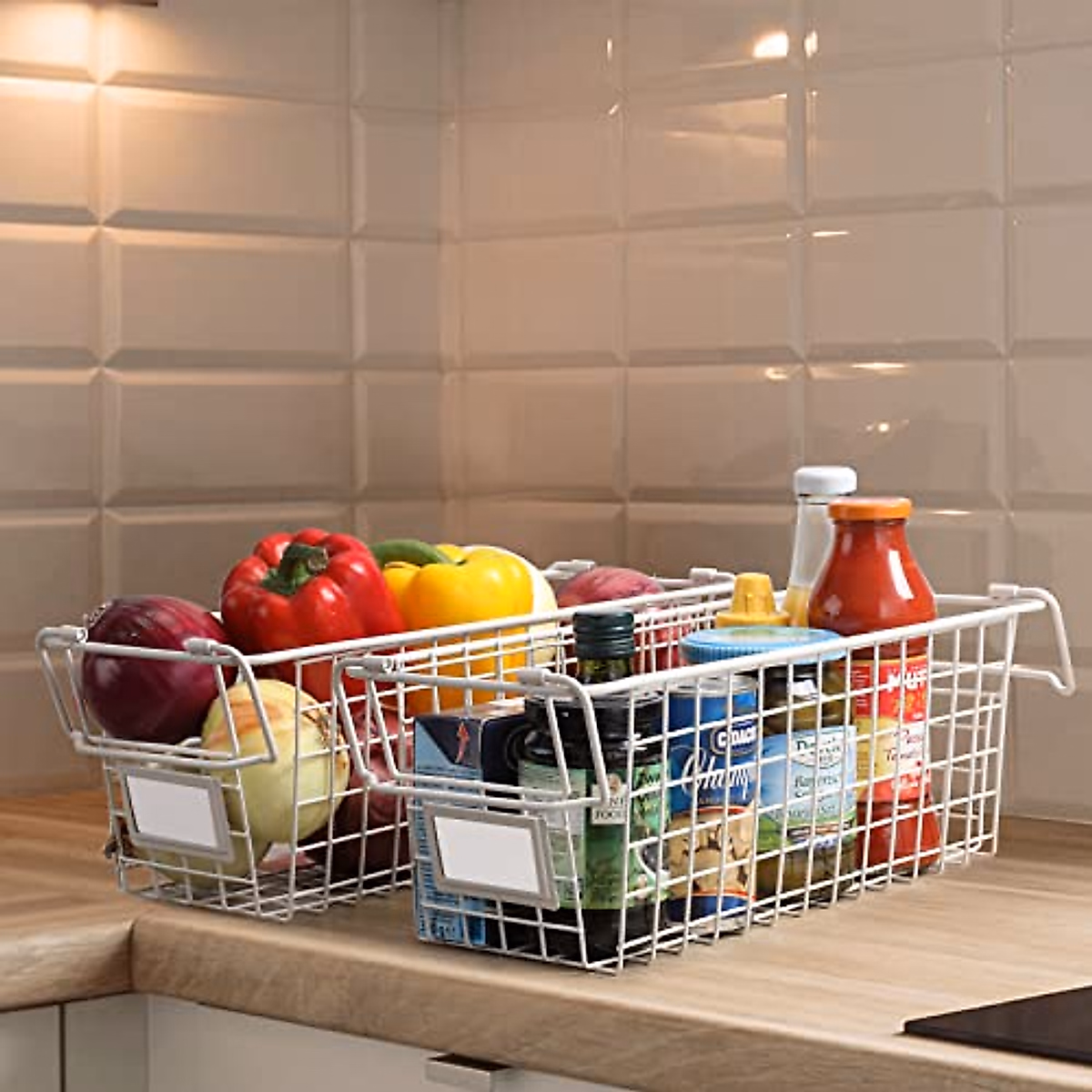 4 Pack Large Stackable Wire Baskets For Pantry Storage and Organization - Metal Storage Bins for Food, Fruit - Kitchen Bathroom Closet Cabinets Countertops Organizer, White