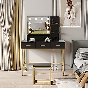 Vanity Set with Mirror and Stool, Vanity Desk with Mirror and Lights, Dressing Table with Drawers, Vanity Mirror with Lights Desk and Chair, Makeup Vanity Chair Stool for Bedroom, Black