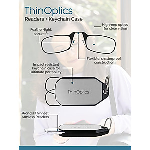 ThinOptics Keychain Case and Readers Rectangular Reading Glasses, Black, 44 mm + 2.5 dioptre