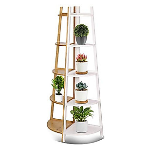 Magshion 5 Tier Bamboo Corner Storage Display Rack Shelves Kitchen Bath Plant Stand (White)