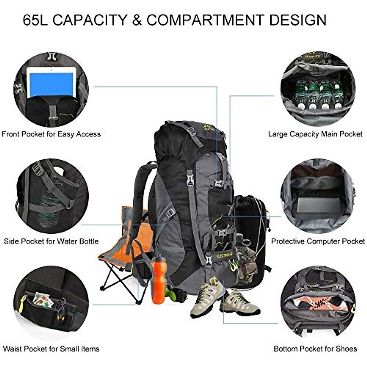 OUTLIFE Hiking Backpack 60L Lightweight Water Reasistant Trekking Bag Durable Outdoor Sport Daypack for Climbing Mountaineering Fishing Travel Cycling