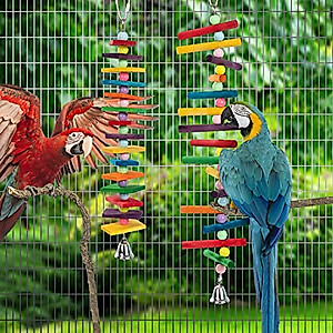 MEWTOGO 2Pcs Bird Toys, Parrots Toys with Bells and Plastic Beads, Colourful Natural Wooden Blocks in 2 Shapes for Cockatoos Cockatiel African Grey Macaws and Amazon Parrots