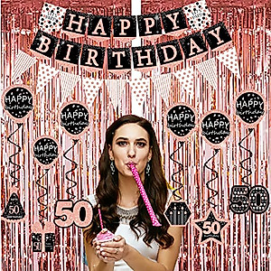 50th birthday decorations for women - (76pack) rose gold party Banner, Pennant, Hanging Swirl, birthday Balloons, Foil Backdrops, cupcake Topper, plates, Photo Props, Birthday Sash for gifts women