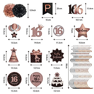 BRT Bearingshui Happy 16th Birthday Hanging Swirls Streamers Decoration, Happy Birthday Banner with Tissue Pompoms, Rose Gold and Black 16 Years Old Birthday Party Hanging Backdrop Decorations