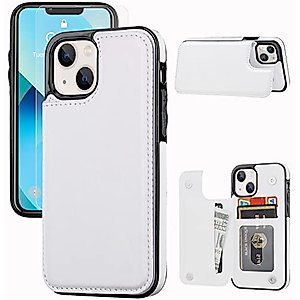 JOYAKI Wallet Case Compatible with iPhone 13,Slim Protective case with Card Holder,PU Leather Kickstand Card Slots Case with a Free Screen Protective Glass for iPhone 13(6.1")-White