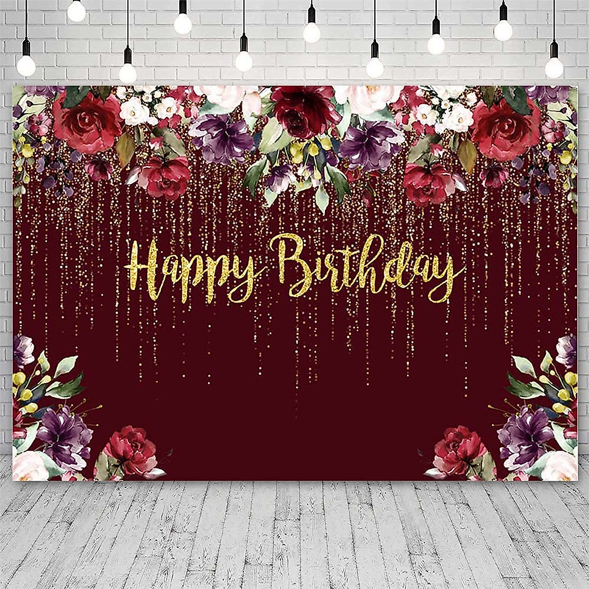 ABLIN 7x5ft Gold Happy Birthday Burgundy Backdrop Woman Girl Burgundy Red Purple Flowers Photo Background Dripping Beads Floral Party Decorations Cake Table Banner Supplies