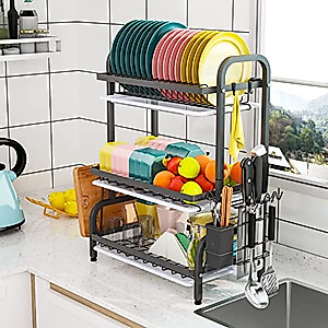 1Easylife Dish Drying Rack, 3 Tier Dish Rack with Tray Utensil Holder, Large Capacity Dish Drainer with Cutting Board Holder Drain Board Tray for Kitchen Counter Organizer Storage (Gray)