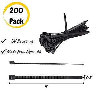 Bates- Cable Zip Ties, 200 Pack, 4 Inch, Zip Ties, Zipties, Cable Tie, Plastic Ties, Tie Wraps, Electrical Cable Ties, Plastic Zip Ties, Black Zip Tie, Plastic Straps, Wire Ties, Cord Ties
