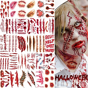 VANTATY 215+ PCS 30 Sheets 3D Fake Scars Tattoo Temporary Halloween Makeup Kit, Fake Stitches Tattoos Cut Scary Face Wound Blood Chucky Scars Tatoos For Kids Women Men Boys Girls Zombie Sticker