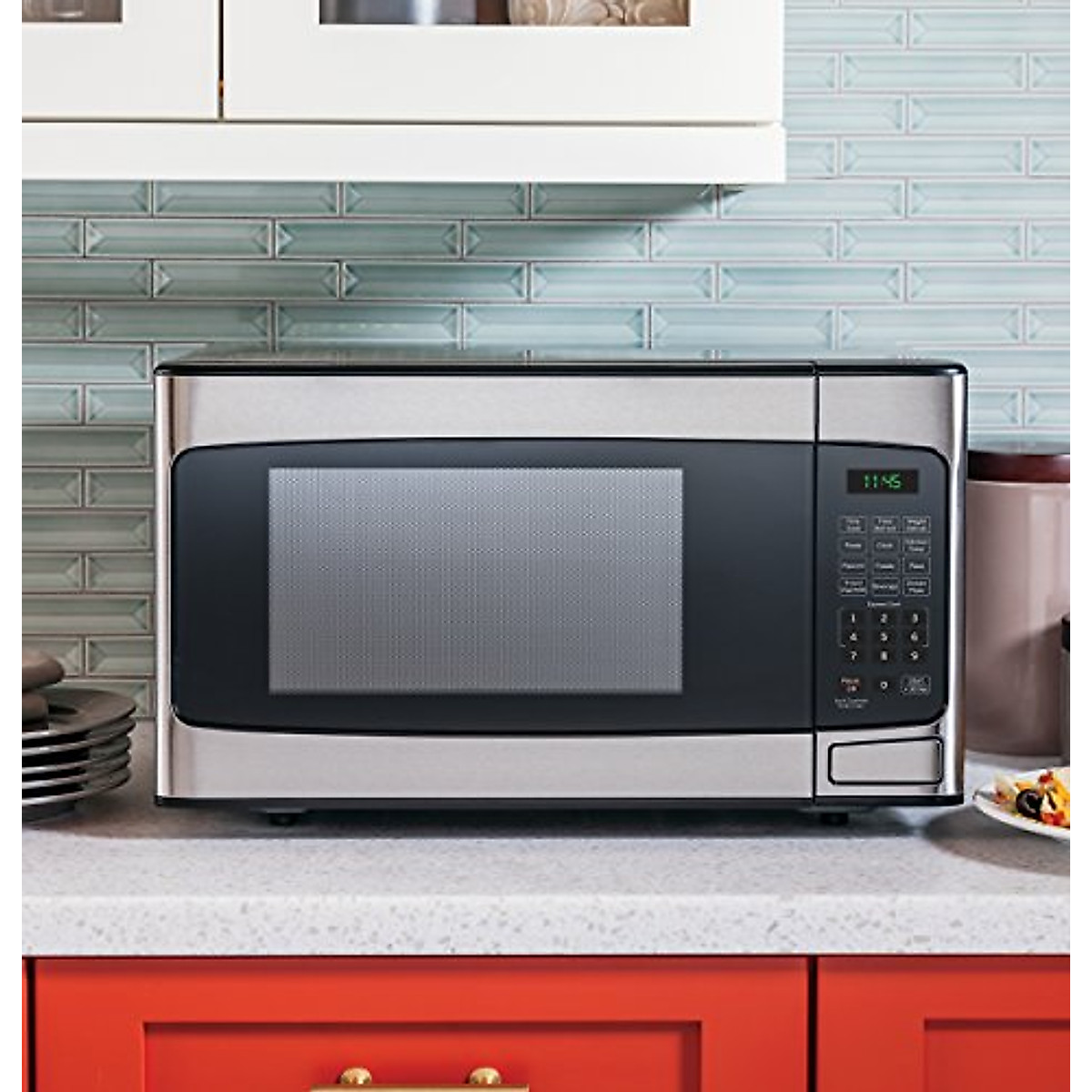 GE Countertop Microwave Oven | 1.1 Cubic Feet Capacity, 950 Watts | Kitchen Essentials for the Countertop or Dorm Room | Stainless Steel