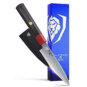 Dalstrong Paring Knife - 4.5 inch - Ronin Series - Double Bevel Blade Razor Sharp - Japanese AUS-10V Super Steel - Damascus - G10 Handle Kitchen Knife - Black Acacia Wood Sheath